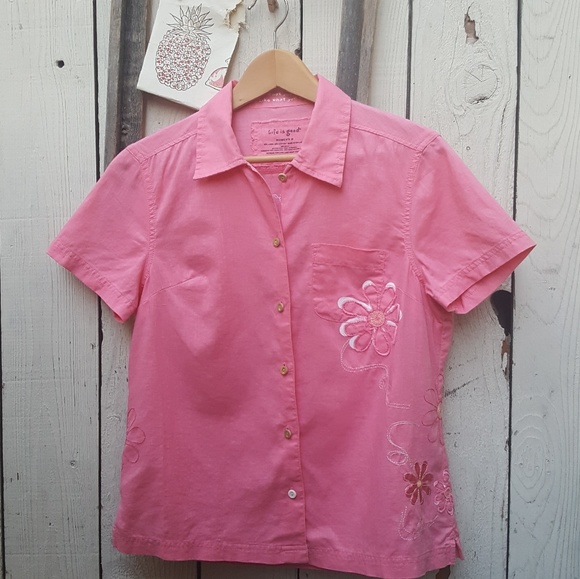 Life Is Good | Tops | Life Is Good Pink Button Up Camp Style Shirt Sz M ...